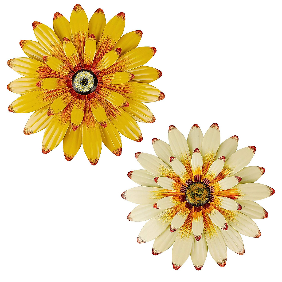 Juegoal 2 Pack 16" Large Metal Flowers Wall Art Inspirational Daisy Wall Decor Sunflower Hanging for Indoor Outdoor Home Bedroom Living Room Office Garden, White & Yellow