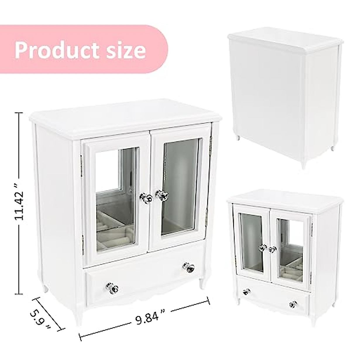 TIMLOG Jewelry Box with Makeup Mirror Wardrobe Style, Wooden Jewelry Box for Girls, Solid Jewelry Organizer, Wood Jewelry Case with Mirror for Necklaces, Earring, Rings, White