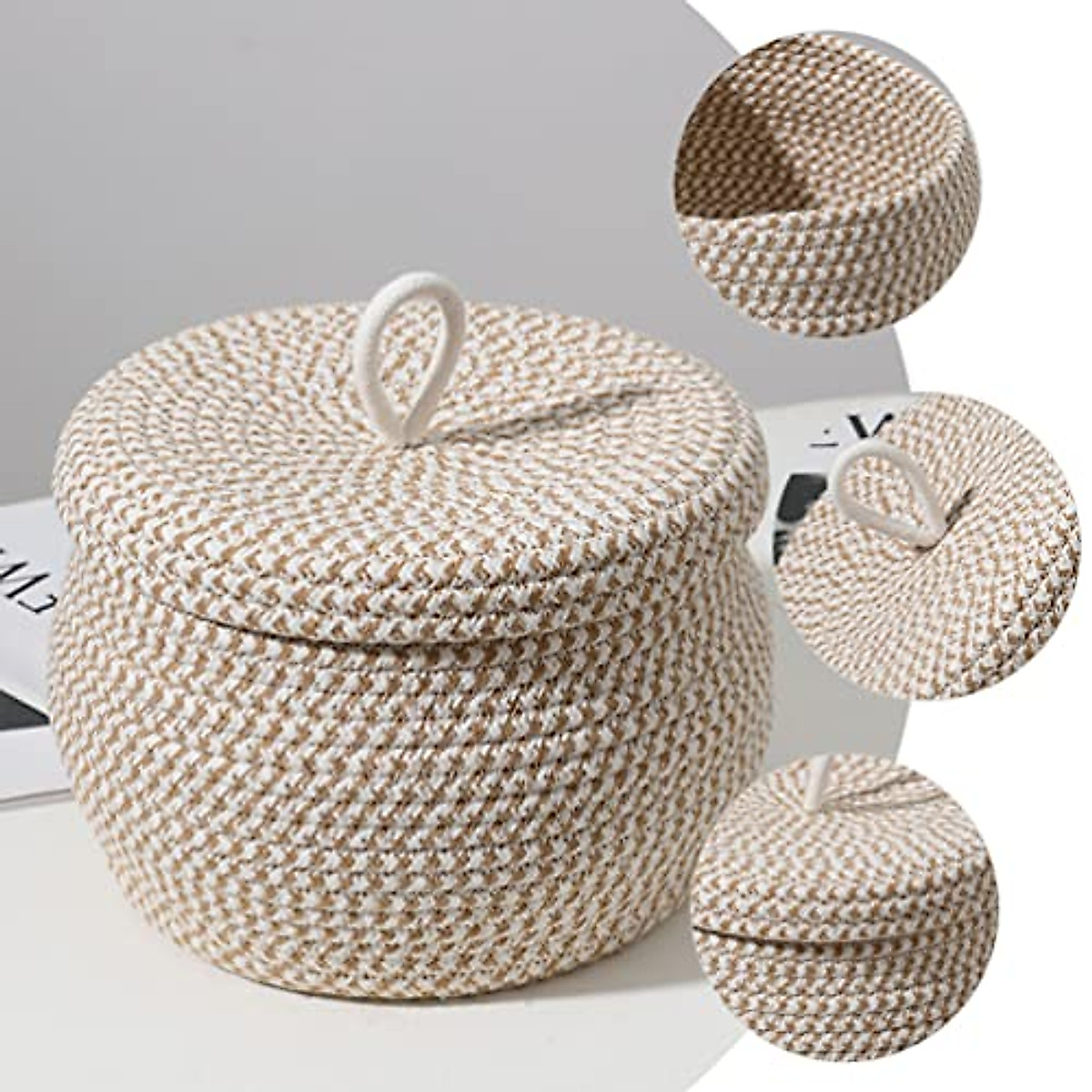 Woven Baskets Woven Wastebasket Cotton Rope Trash Can Tabletop Garbage Cans Wicker Waste Basket with Lid Decorative Countertop Container for Laundry Utility Home Office Decor