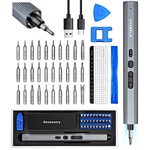 Mini Electric Screwdriver Set Upgraded: UnaMela Small Electric Precision Screwdriver Cordless - 30 S2 Bits, 3 Torque Settings, 4 LED Lights, Power Screwdriver Repair Tool Kit for PC RC Electronics