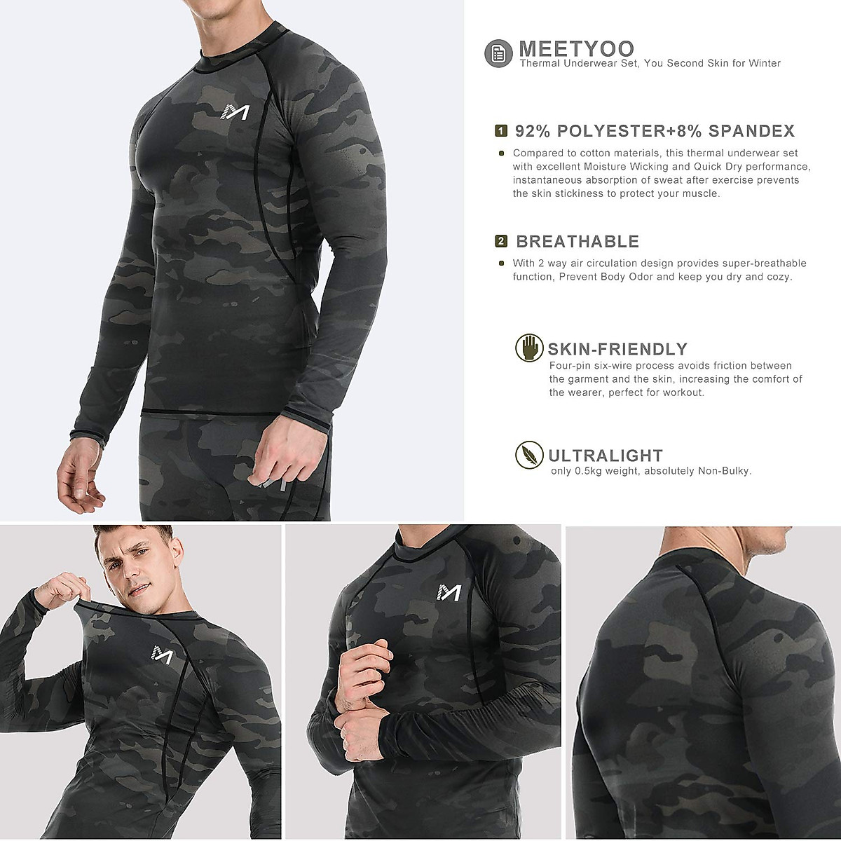 MEETYOO Thermal Underwear for Men, Winter Gear Long Johns Base Layer Top and Bottom Set for Skiing Running, Camo, Large