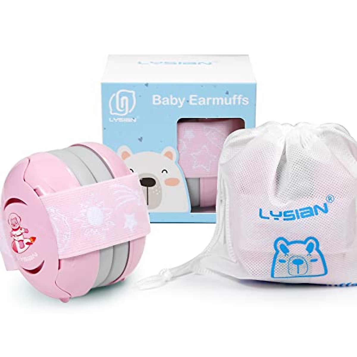 LYSIAN Pink Baby Ear Muffs Noise Cancelling with Elastic Headband, Earmuffs for Infant Hearing Protection Sleeping, Nap, Travel, Games, Festival