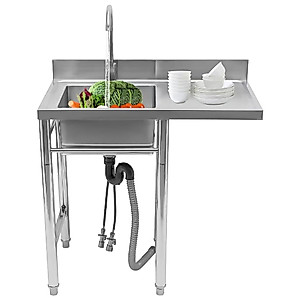 Free Standing Single Bowl Kitchen Sink, Stainless Steel Utility Sink with Drainboard, One Compartment Workbench Sink Commercial Sink for Restaurant, Laundry Room, Backyard, Garages