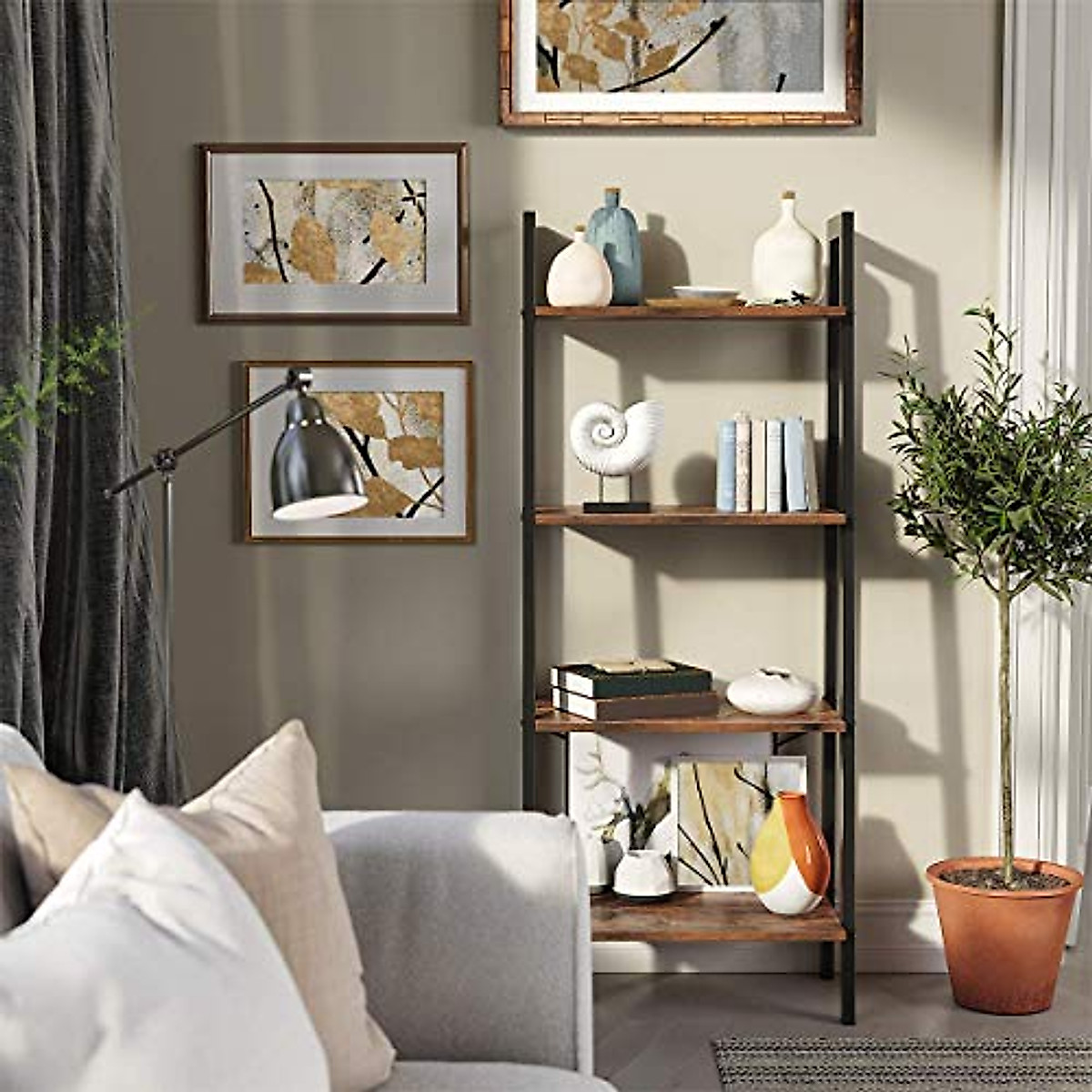 VASAGLE Computer Desk and 4-Tier Storage Shelf Bundle, 55 Inch Writing Desk with 2 Storage Shelves, Ladder Shelf with X-Bar, Steel Frame, Rustic Brown and Black ULWD55X and ULLS44X