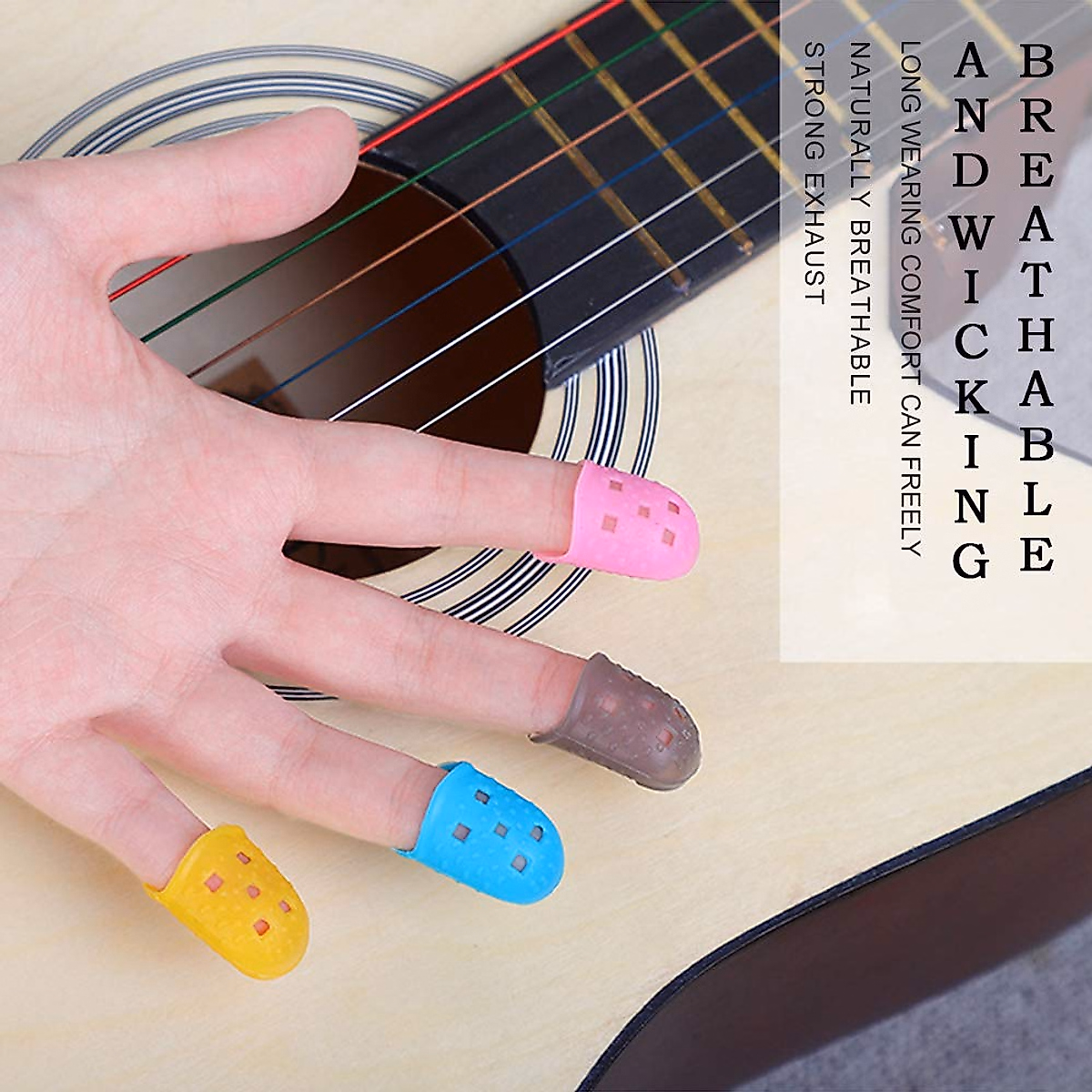 5 Sizes Guitar Fingertip Protector With Compact Box, Premium Silicone Guitar Finger Guards, Non-Slip Breathable Fingertip Protection Covers Caps for Guitar, Sewing, String Instruments (Grey)