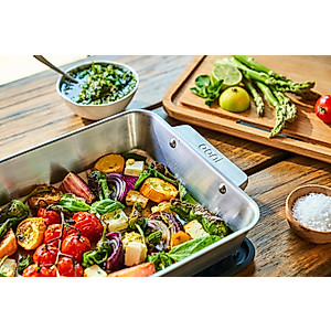 ooni Medium 15" x 10" Roasting Pan - Non Stick Stainless Steel Roasting Tray with Rack and Wooden Carving Meat Board, Ovensafe Cookware, Roaster Tin