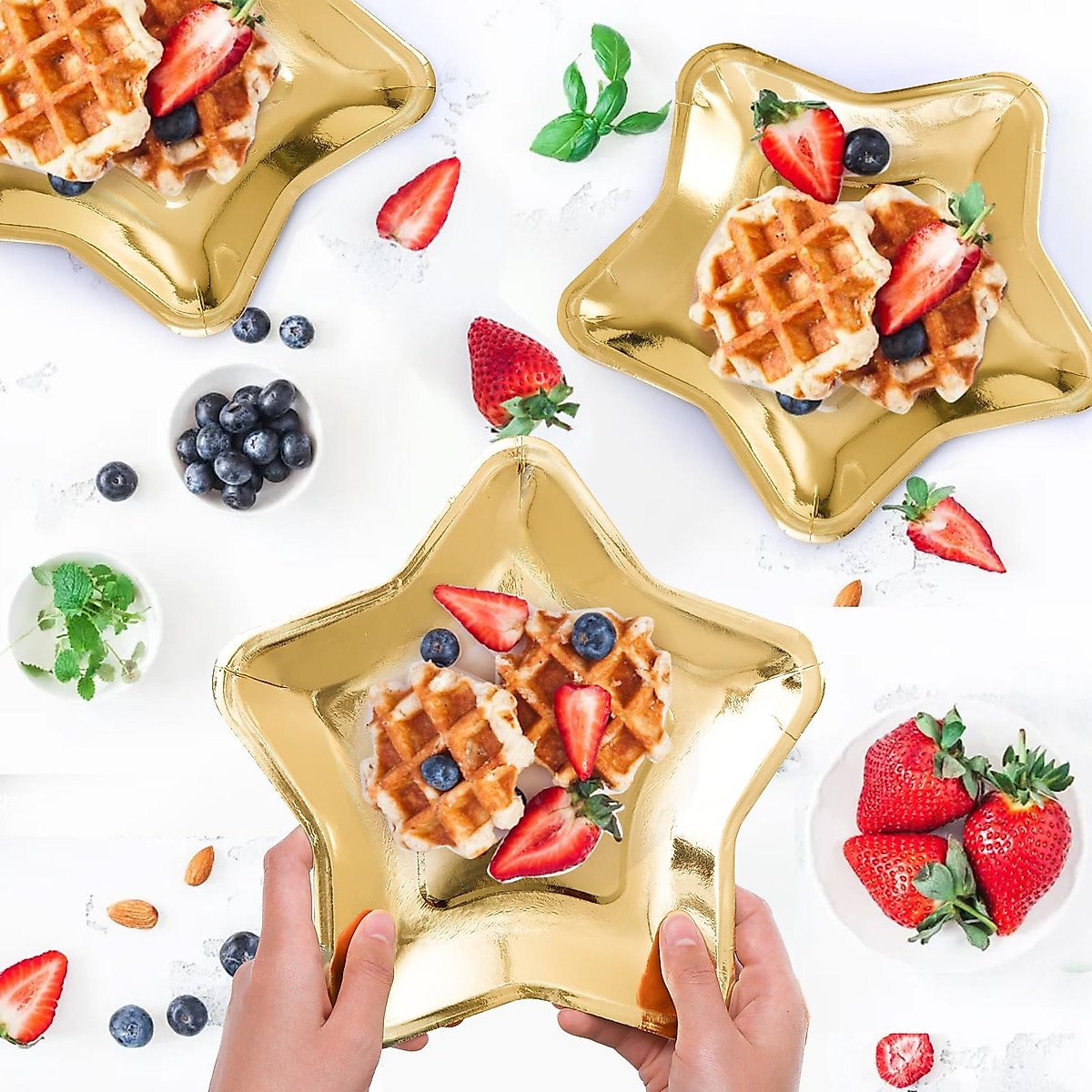 Tlence 100PCS Star Shape Paper Plates, 9.5 Inches Disposable Pentagram Dinnerware, Gold Twinkle Star Paper Tableware Set for Dessert, Birthday Graduation Wedding Halloween Christmas Supplies