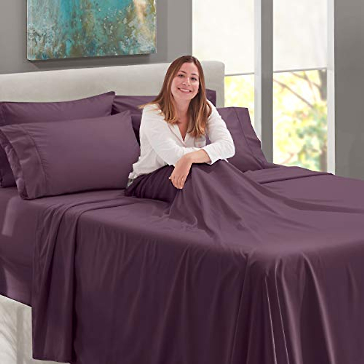 Nestl Extra Deep Pocket Bed Sheet Set – 6-Piece Hotel Bed Sheet Set Deep Pocket Bed Sheets 18-24 Inch Deep Pockets – Fitted Sheet, Flat Sheet and 4 Pillowcases – King – Eggplant Purple