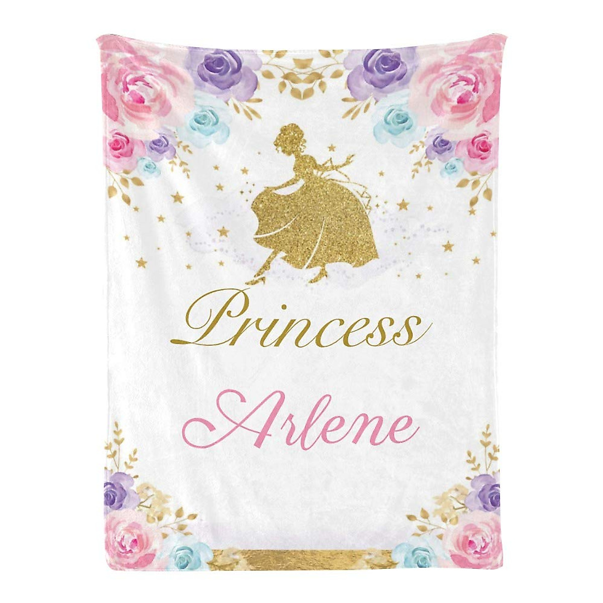 Yeshop Princess Floral Pink Purple Personalized Receiving Baby Blankets for Girls with Name,Customized Swaddle Blankets Gift for Newborn Crib Infants 30x40 Inches