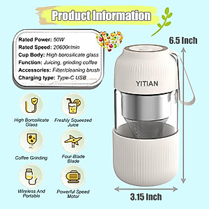 4 In 1 Portable Blender, Personal Size Blender for Shakes and Grind Coffee with 4 Ultra Sharp Blades, 10Oz Powerful Juicer, Glass Cup Body, BPA Free, Mini Blender Cup for Office, Gym, Kitchen