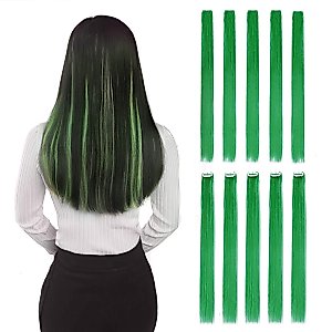 Colored Clip in Hair Extensions 22" 10pcs Straight Fashion Hairpieces for Party Highlights Green