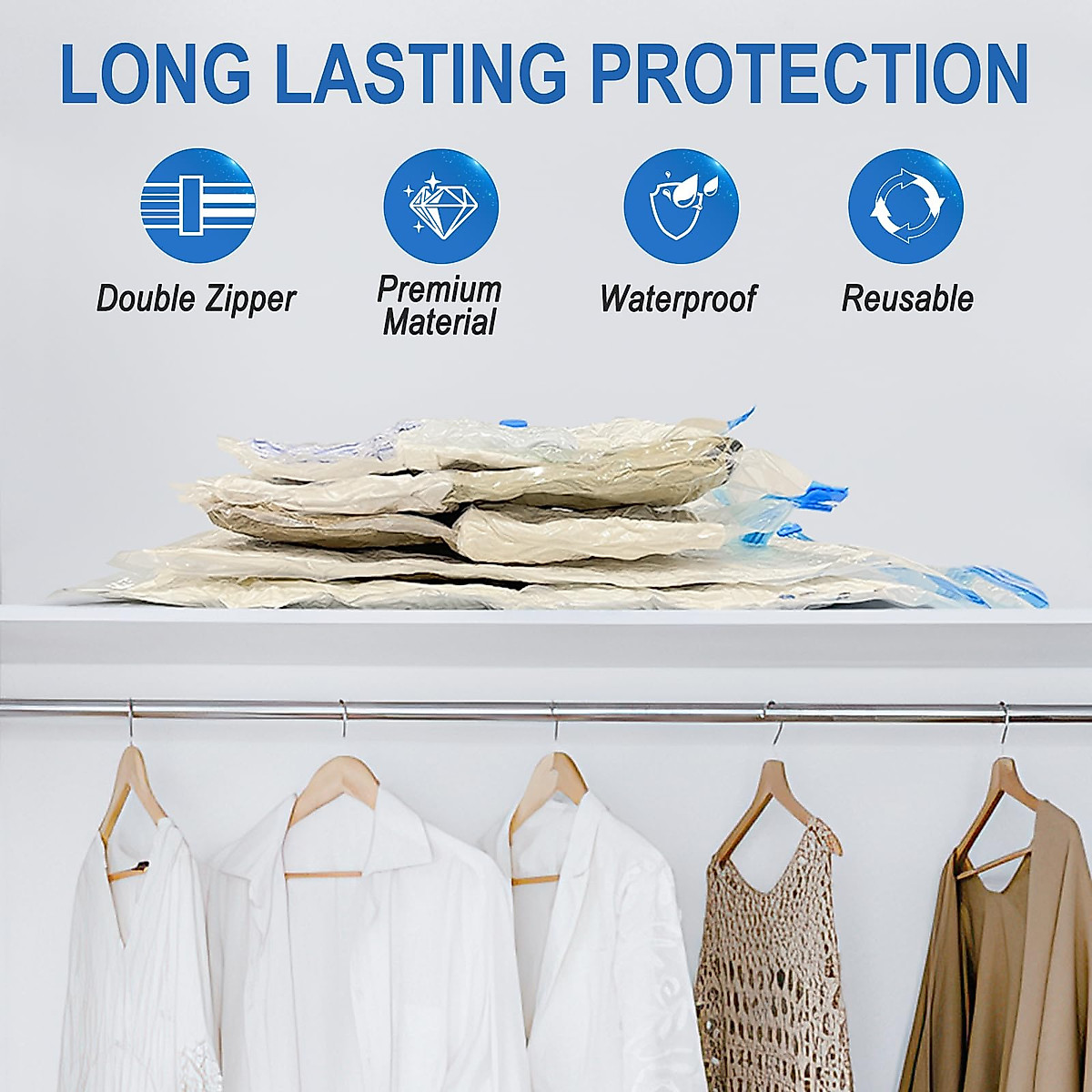 Fygrip 16 Pack Vacuum Storage Bags with Hand Pump, 4 Jumbo + 4 Large + 4 Medium + 4 Small Plastic Packaging Bags, 80% Space Saver Vacuum Seal Bags for Clothing, Travel Lugggage, Blankets, Comforters