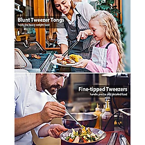 2 Pcs 12-inch Cooking Tweezers Tongs Precision Serrated Tips, Stainless Steel Professional Chef Tweezer Kitchen Tools for BBQ, Plating and Serving (Black)