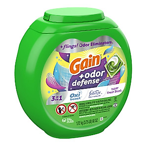 Gain Flings Laundry Detergent Pacs with Odor Defense, HE Compatible, 3in1 with Febreze and Oxi, Super Fresh Blast Scent, 81 Count