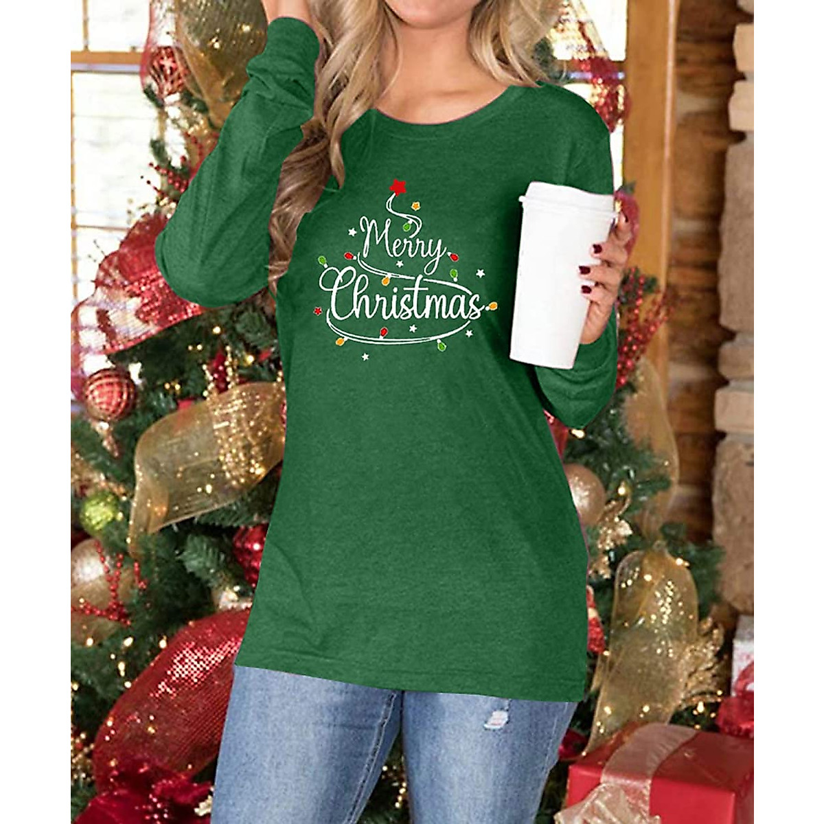 FASHGL Christmas Shirt Women Merry and Bright Pullover Christmas Lights Graphic T Shirts Xmas Long Sleeves Tops Green