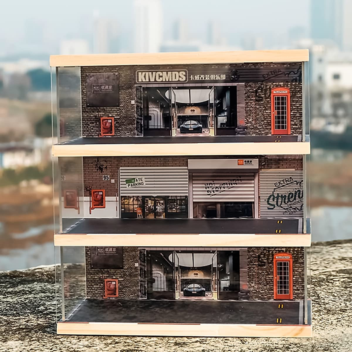 kivcmds 1:24 Scale 3-Tiers Vehicle Model Display Case with Parking Lot Scene for Sports Car Model and Lego Collectors, Display Stand for Alloy Car Model Toy (3-Tiers Auto Repair Store Scene)