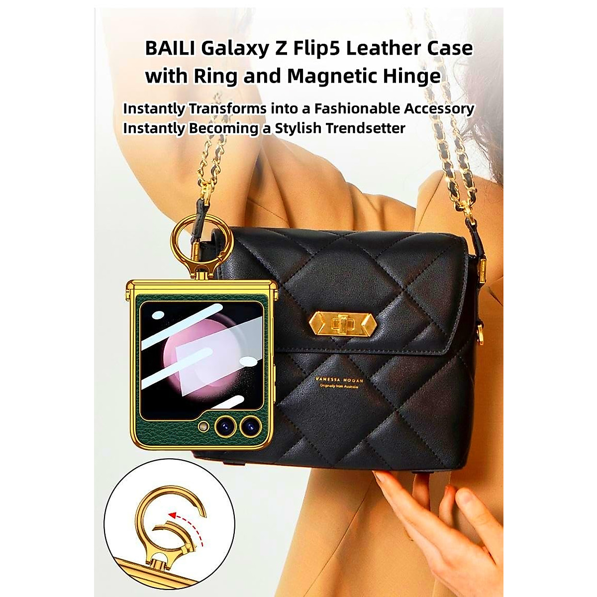 BAILI Galaxy Z Flip5 Case with Ring,Galaxy Z Flip5 Case with Magnetic Hinge,Z Flip5 Case with Leather,Military Grade Drop Protective Flip 5 Case with Electroplated Frame-Orange