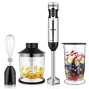 YISSVIC Immersion Hand Blender, 4 in 1 9 Speed Stick Blender with 500ml Food Grinder 700ml Container Chopper Whisk Puree Infant Food, Smoothies, Sauces Soups (1000W 4 In 1 Silver)