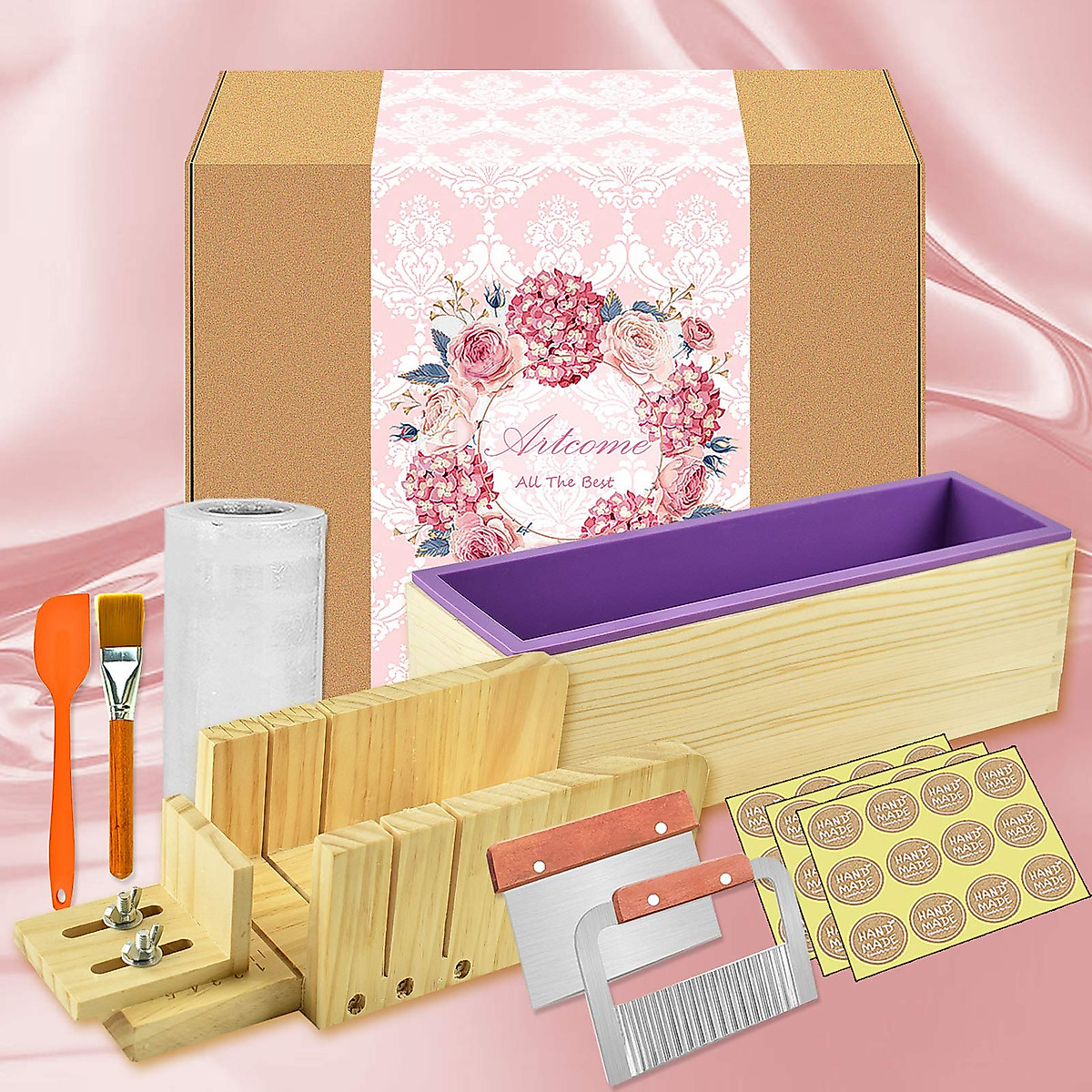 Artcome Loaf Soap Making Cutting Mold Kit Multi-Function Adjustable Wood Soap Mold Set - Rectangular Silicone Mold Set with Stainless Steel Wavy & Straight Cutter