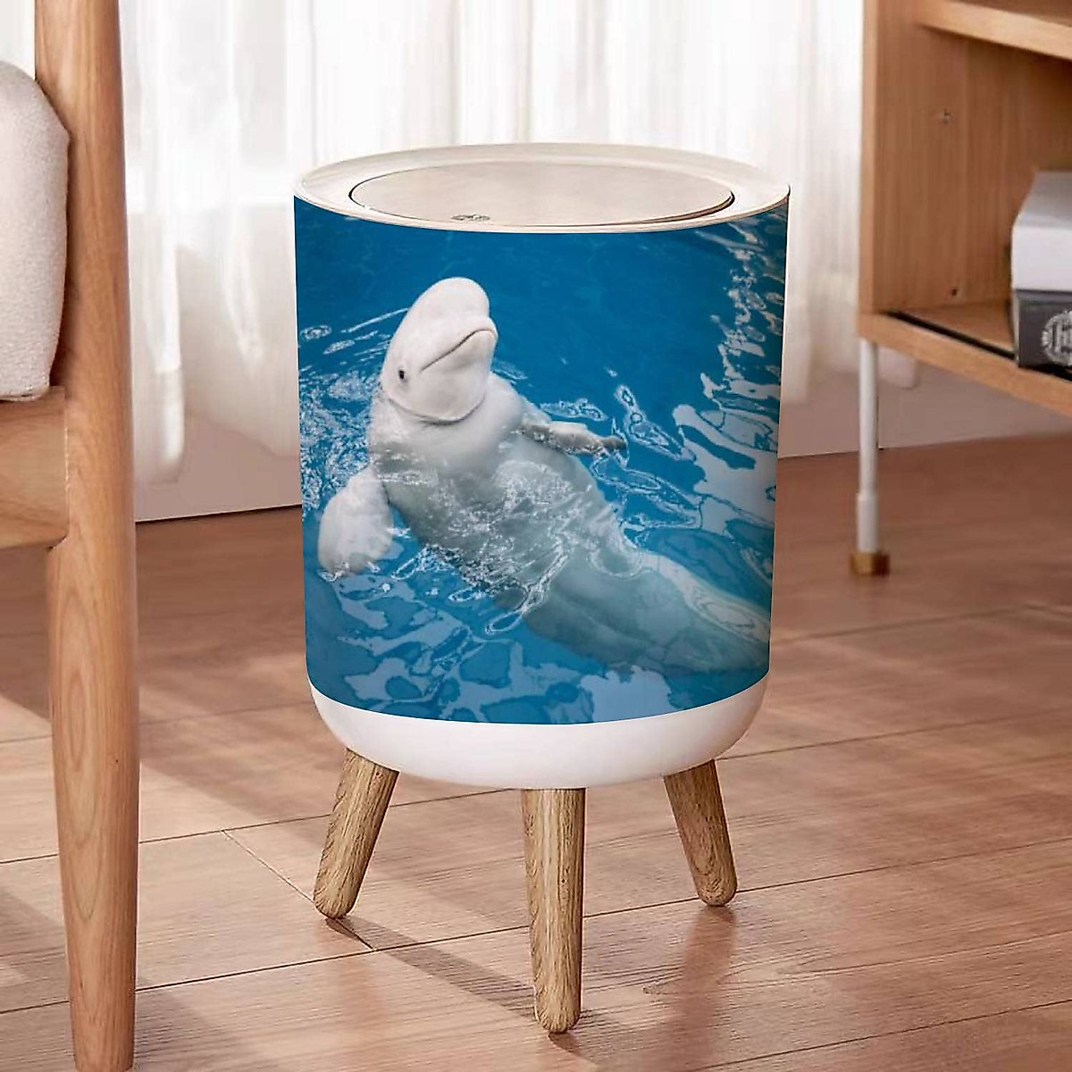 JWHFZMANPYK Round Trash Can with Lid Beluga Whale Press Top Recycle Bin Small Garbage Can Dog Proof Wastebasket Wooden Legs Bathroom Kitchen 7L/1.8 Gallon