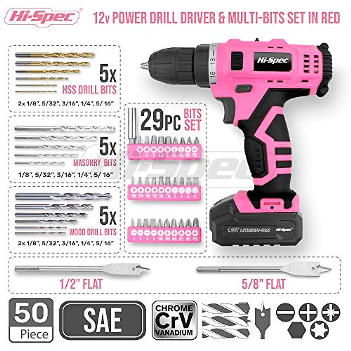 Hi-Spec 50 Piece 12V Pink Drill Driver & Multi Bit Set. High Speed Cordless & Rechargeable Electric Power Screwdriver & Drill for Household DIY. Complete in a Carry Case