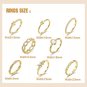PLOMFOV 14K Gold/Silver Plate Stacking Rings Set for Women CZ Heart Simple Cute Stackable Rings Dainty Trendy Gold Statement Rings Plain Band Size 4-11 Gold 8