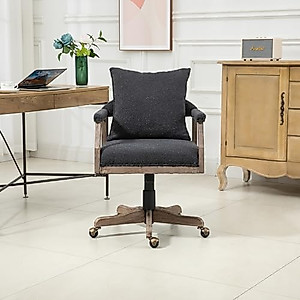 Luoyisimall Adjustable Swivel Desk Chair，Boucle Upholstered Seat Home Office Computer Chair with Wheels and Back Pillow,Solid Wood Task Execution Armchair for Office Study Makeup (Black)