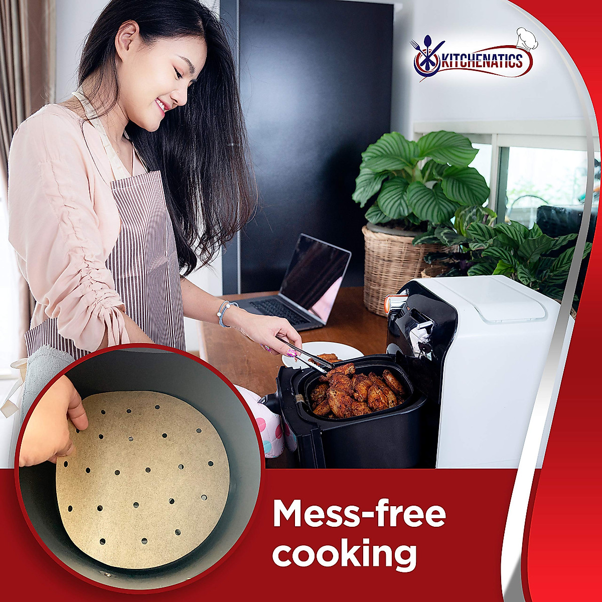 KITCHENATICS Round Unbleached Air Fryer Liners Disposable, Parchment Paper Air Fryer Liner, Oil-Proof, Water-Proof, Paper Liners for Air fryer Basket, Baking, Oven, Microwave, Steamer 8 Inch 150 Pcs