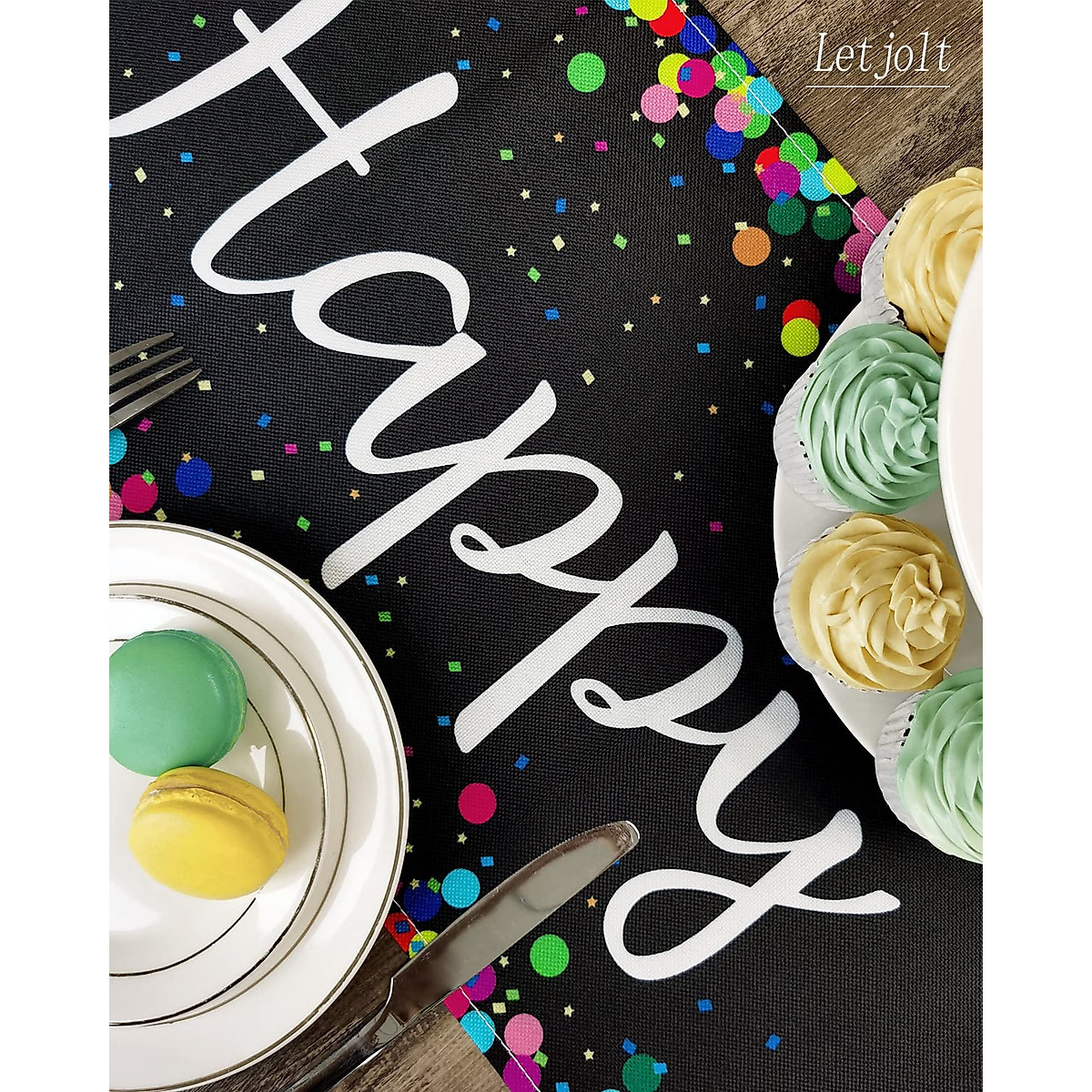 Letjolt Happy Birthday Table Runner 72 Inches Celebrate Birthday Party Table Decor, Black