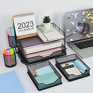 Youbetia Black Minimalist Desk Organizer with 3 Drawer, 2 Pen Holder, 2 Tier Letter Tray, Upper Display Rack, for Office Supplies