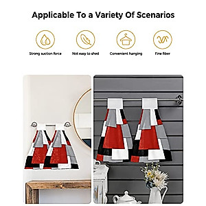 PIEPLE 2 PCS Kitchen Hand Towels, Irregular Geo Color Block Soft Plush Hanging Tie Towels with Loop for Kitchen Bathroom Dish Cloth Tea Bar Towel White Grey Black Red Abstract Geometric