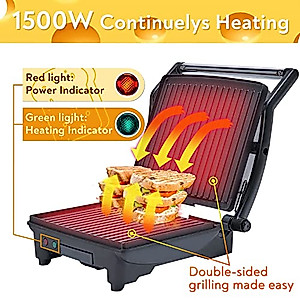 soseki Panini Press, 1500W Heat Fast Non-stick Panini Maker, Multi-functional 180-degree Opening Design Panini Press Sandwich Maker