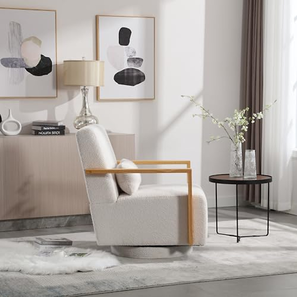 30.5" W Swivel Modern Boucle Upholstered Accent Chair with Solid Wood Armrests, Comfy Lounge Reading Chair, Side Armchair for Hotel Bedroom Living Room Office Nursery Room (Ivory)
