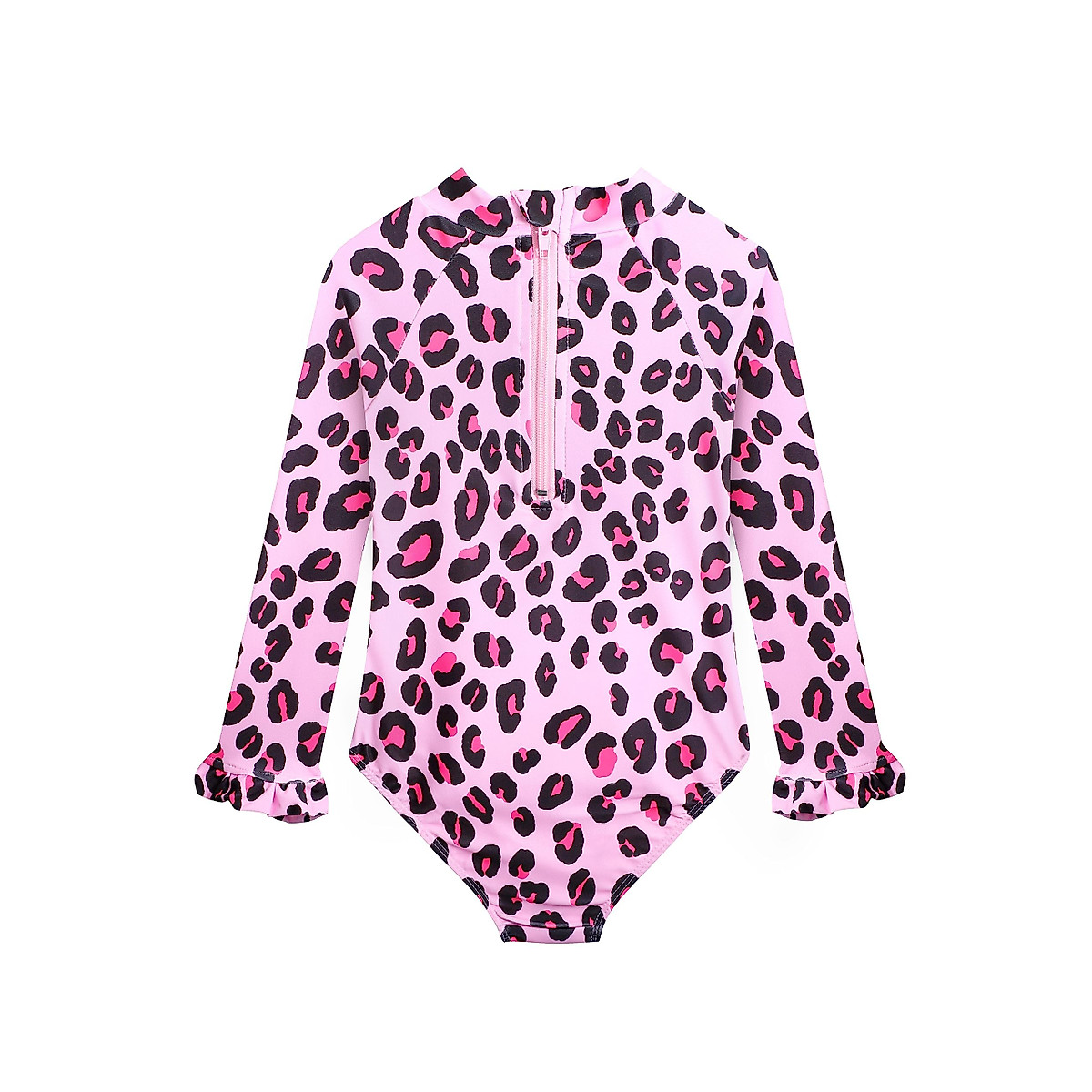 Alakuoti Long Sleeve One Piece Ruffle Swimsuit for Toddler Girls Baby Girl Rashguard Shirt with UPF 50+ Sun Protection (as1, Age, 0_Month, 12_Months, Pink Leopard)