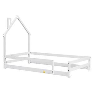 Floor Bed with Rails, Twin Size Montessori Bed with House Shape Headboard and Fence, Wood Floor Bed Frame for Kids Boys Girls, Box Spring Needed, White