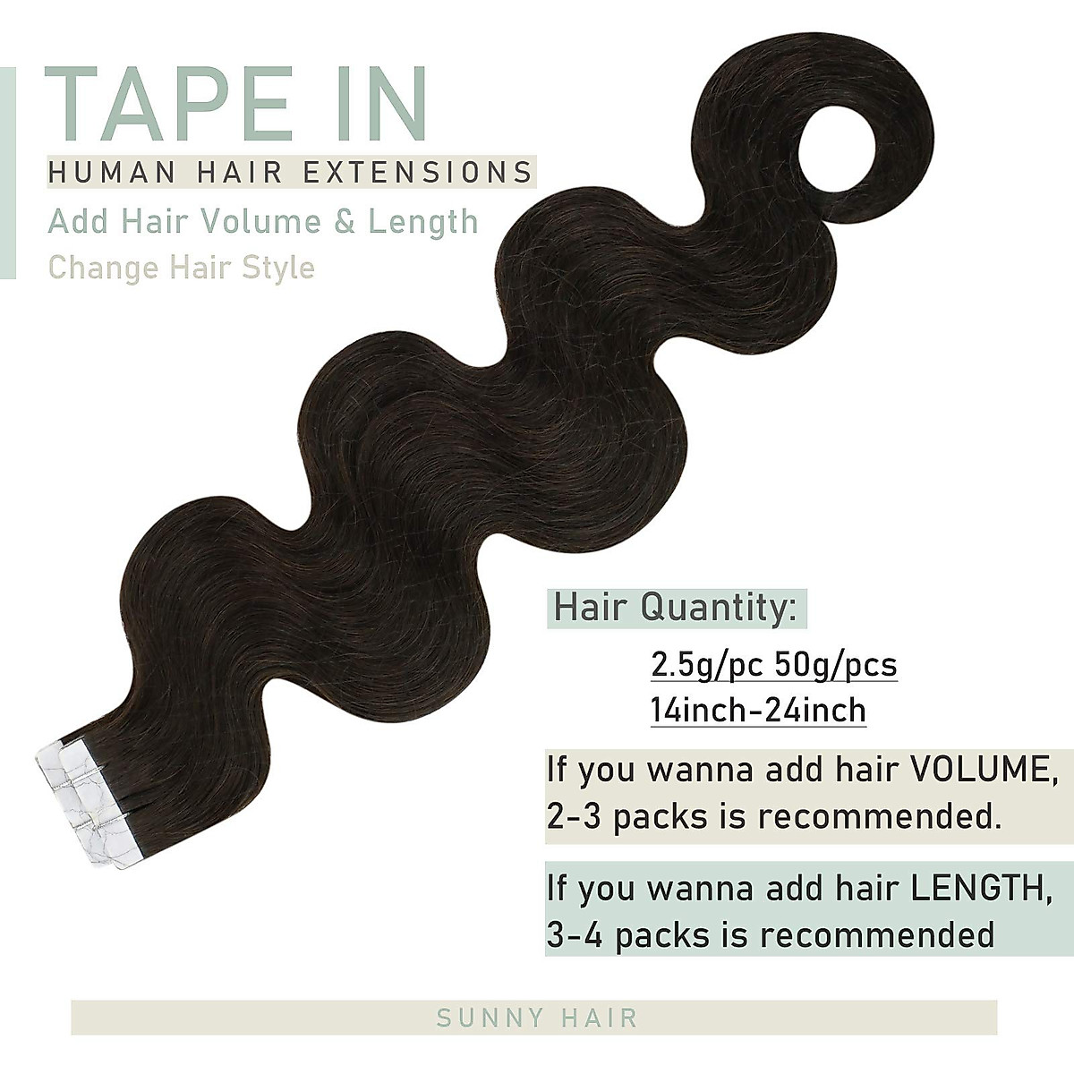 Sunny Tape in Hair Extensions Body Wave Dark Brown Tape in Human Hair Extensions Soft Curly Hair Tape on Hair Extensions Brown Body Wave Skin Weft 20pcs 50g 14inch