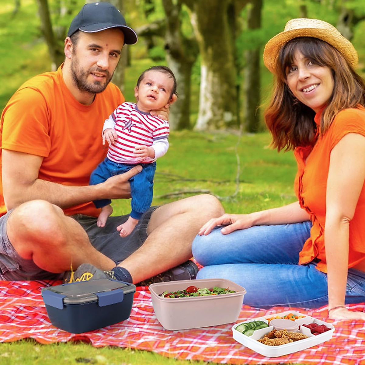 Caperci 2 Pack Large Salad Container for Lunch - 68 oz Salad Bowls To Go, Leakproof Bento Box Adult with 5 Compartments Tray, 4pcs 3-oz Sauce Cups, Reusable Spork & BPA-Free (Navy & Pink)