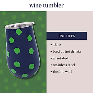 kate spade new york Insulated Stainless Steel Wine Tumbler, 16 Ounce Double Wall Tumbler, Blue Stemless Travel Cup with Lid, Sonnet Dot