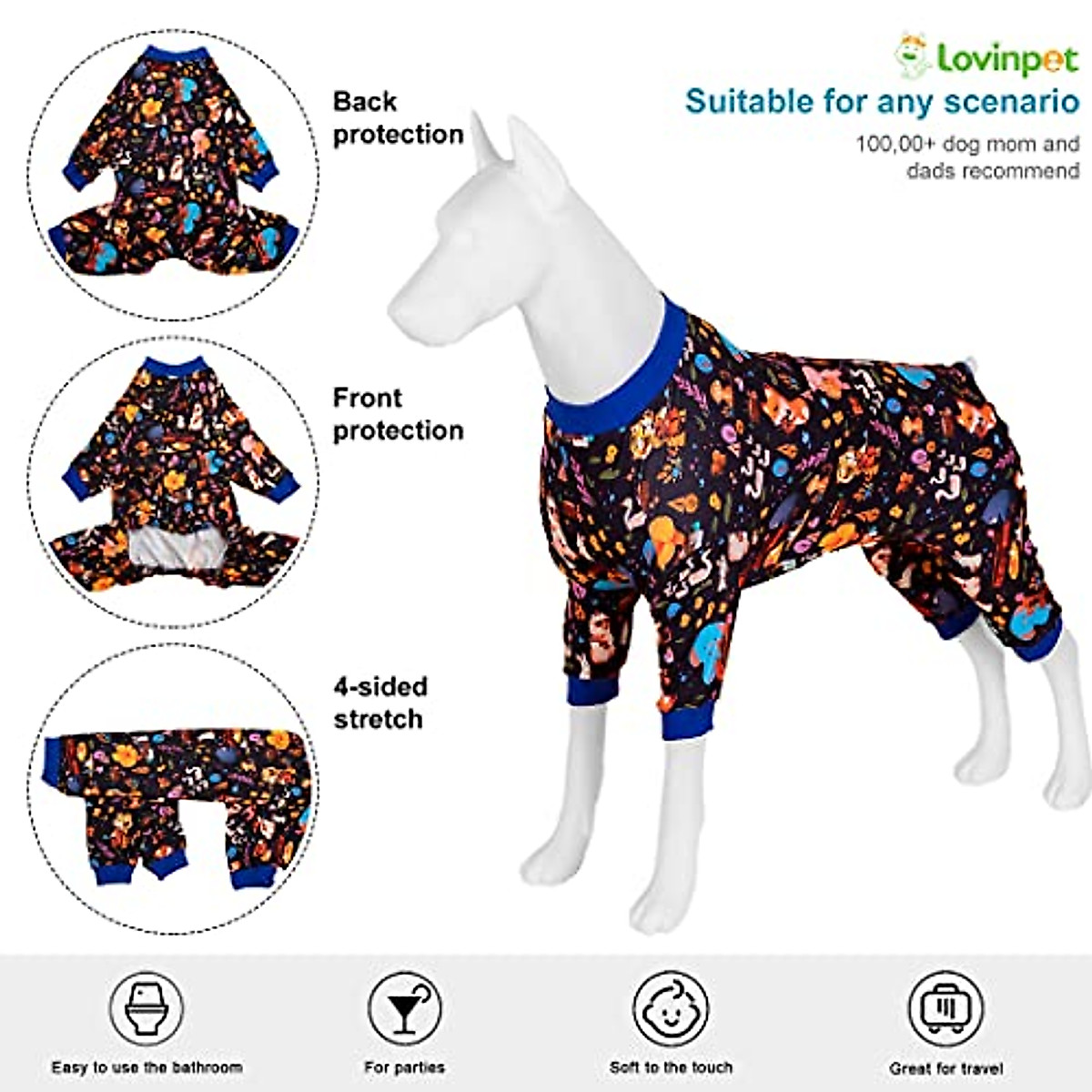 LovinPet Full Onesie for Large Dog, Lightweight Stretchy Fabric, Woodland Musicians Black Print Dog Pajamas, UV Protection, Lage Breed Dog Jammies, Pet PJ's/XXL