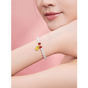 ZHOU LIU FU 24K Solid Gold Bracelets, Real Pure Gold Jewelry White Nephrite Jade Beaded Bracelets Dainty Gold Fortune Plate for Women Men Teen Girls