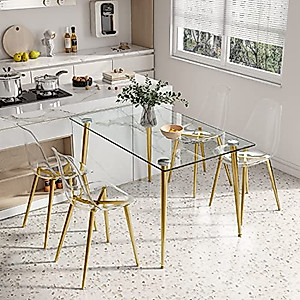 Glass Dining Table for 4 with 51 inch Clear Tempered Glass Top, 0.31" Modern Rectangular Glass Kitchen Table Furniture with 4 Golden Plating Metal Legs for Home Kitchen Room