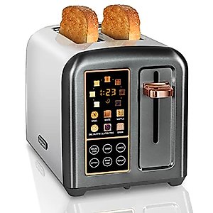 SEEDEEM Toaster 2 Slice, Stainless Steel Bread Toaster with LCD Display and Touch Buttons, 50% Faster Heating Speed, 6 Bread Selection, 7 Shade Settings, 1.5''Wide Slots Toaster with Cancel/Defrost/Reheat Functions, Removable Crumb Tray, 1350W, Dark Metal