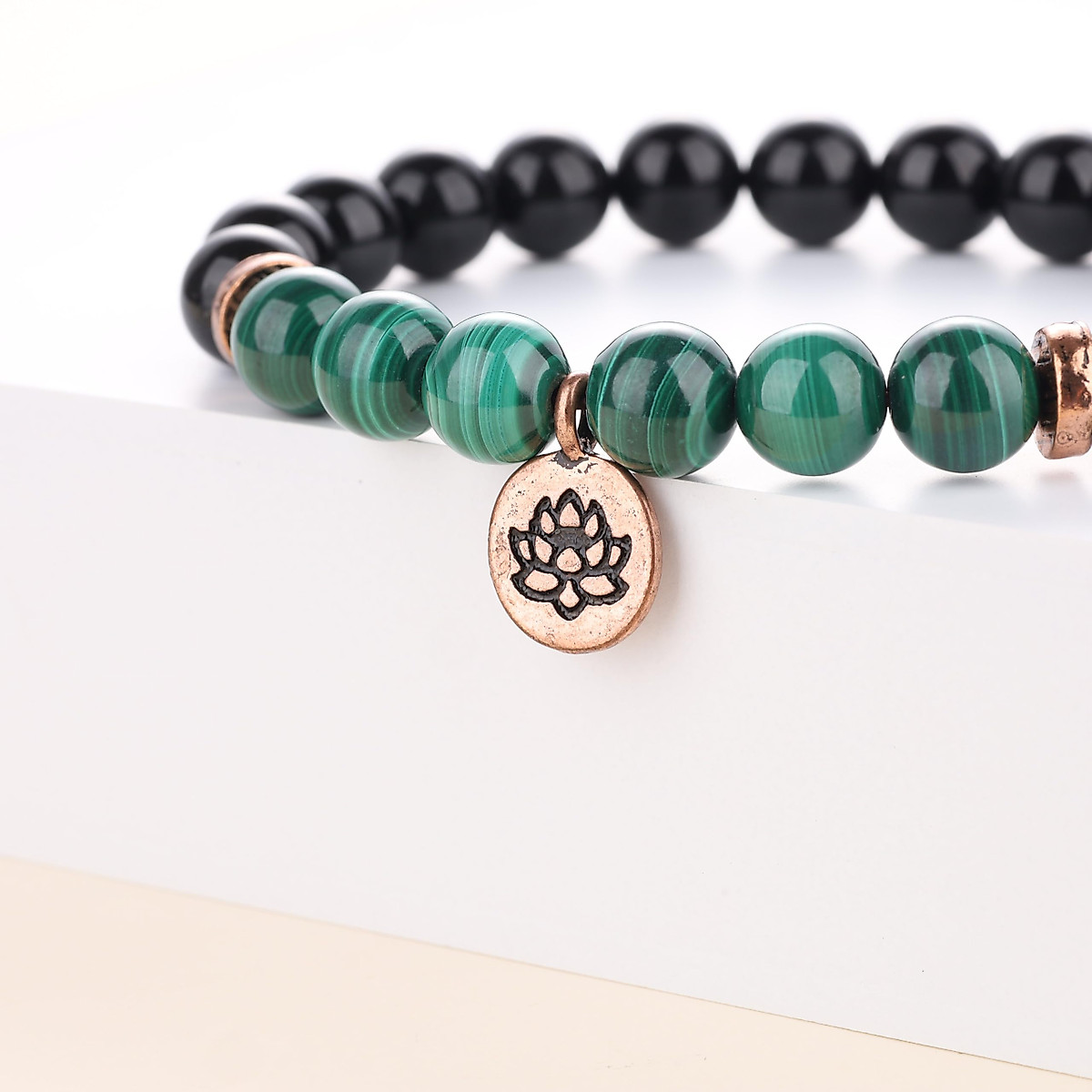 COAI Lotus Charm Black Tourmaline Malachite Stone Bracelet for Women