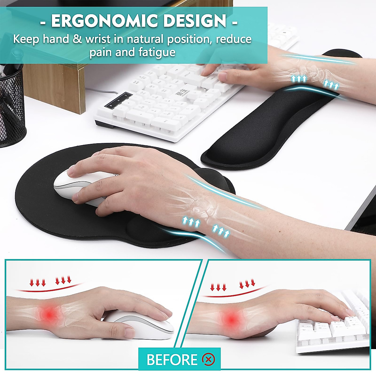 Ergonomic Mouse Pad with Wrist Support, Premium Memory Foam Keyboard Wrist Support Bar and Mouse Wrist Rest Pads Set- for Comfortable Typing &Wrist Pain Relief Mouse Pad with Wrist Support Bar