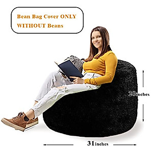 Bean Bag Chairs Cover (No Filler) Soft Washable Plush Fiber Adult Beanbag Chair Fuzzy Fur Cover Without Filling (Solid Black Bean Bag Cover)