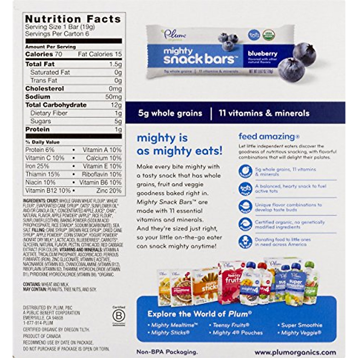 Plum Organics Mighty 4 Essential Nutrition Bars, Blueberry with Carrot, 0.67 Ounce, 6 Count