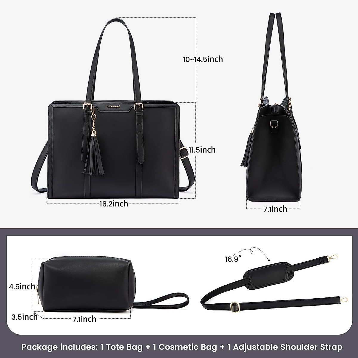 LOVEVOOK Laptop Bag for Women 15.6 inch Waterproof Leather Laptop Tote Bag with Clutch Purse,Large Capacity Laptop Purse for Work,Office,Business,Travel,College,Casual(Black)