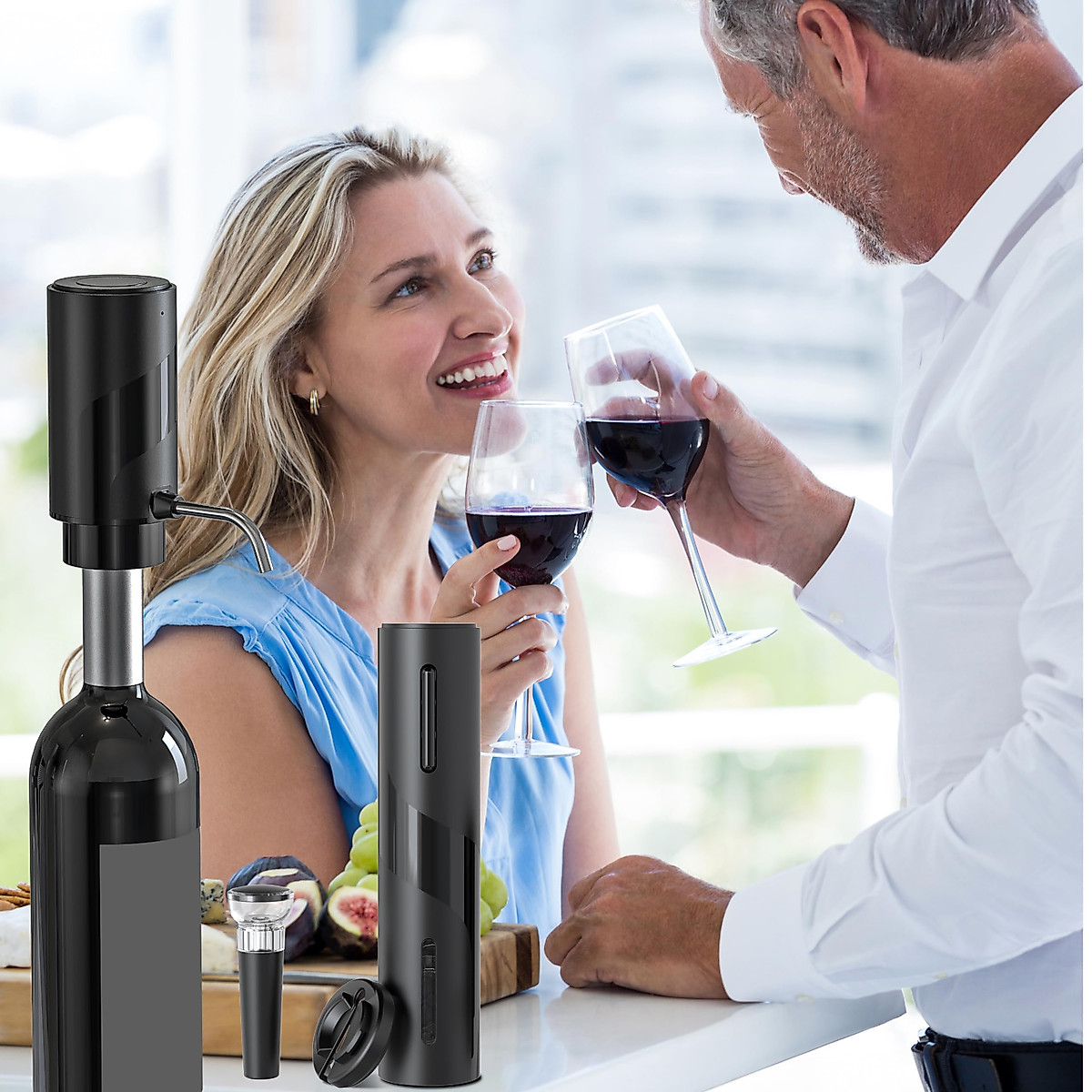 KAVYDENS 4-in-1 Electric Wine Opener Set – USB Rechargeable with Wine Decanter, Wine Aerator,Pourer, Wine Stopper and Foil Cutter. Gift set for Weddings, Parties, and Home Use