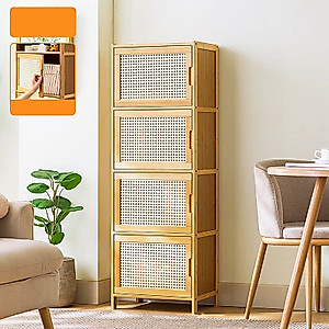 CraftThink Tall Storage Cabinet, Scandinavian Accent Cabinet with Doors and Straight Legs Rectangle Kitchen Pantry Shelves for Home Office, (4 Wicker & Rattan Doors, 17" L x 12.5" D x 49.5" H)