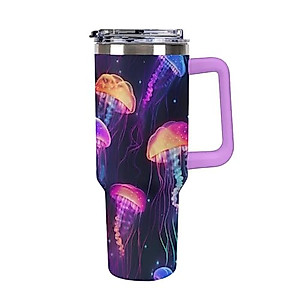 Jellyfish 40 Oz Car Cup Stainless Steel Travel Mug Leak-Proof Insulated Tumbler with Handle Violet-style